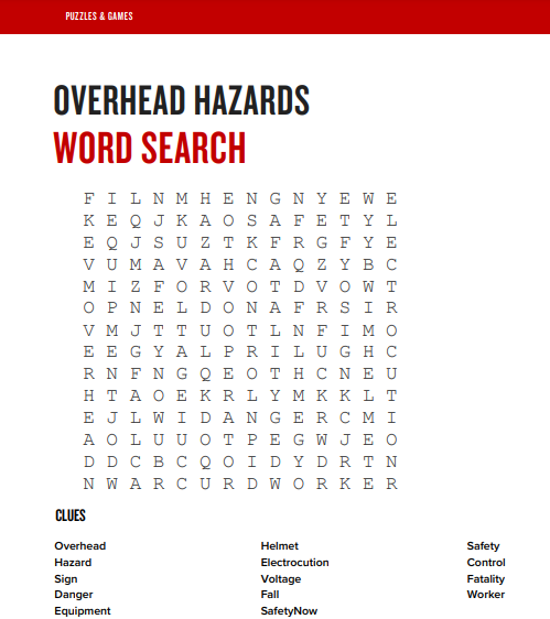 Overhead Hazards – Word Search – SafetyNow ILT