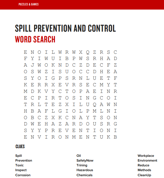 Spill Prevention and Control – Word Search – SafetyNow ILT