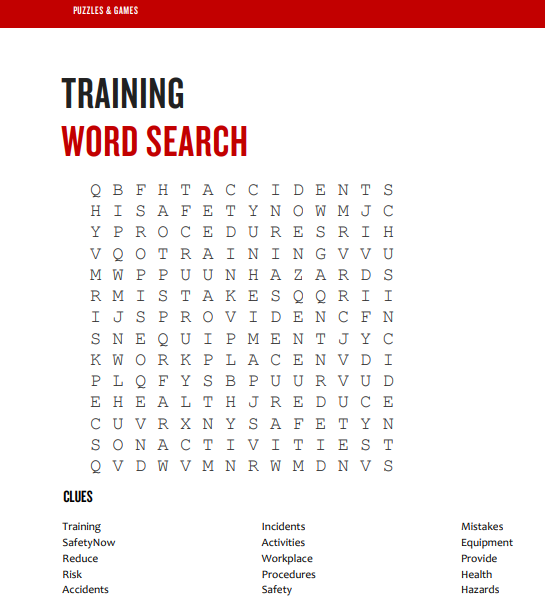Training – Word Search – SafetyNow ILT